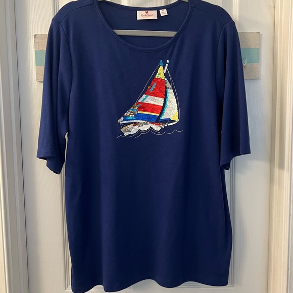 Quacker Factory | Tops | Quacker Factory Blue Top With Sequin Sailboat ...